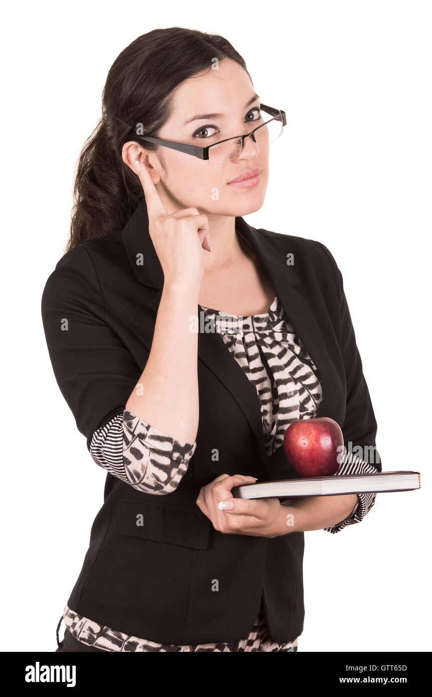 sweet female teacher holding red apple Stock Photo - Alamy