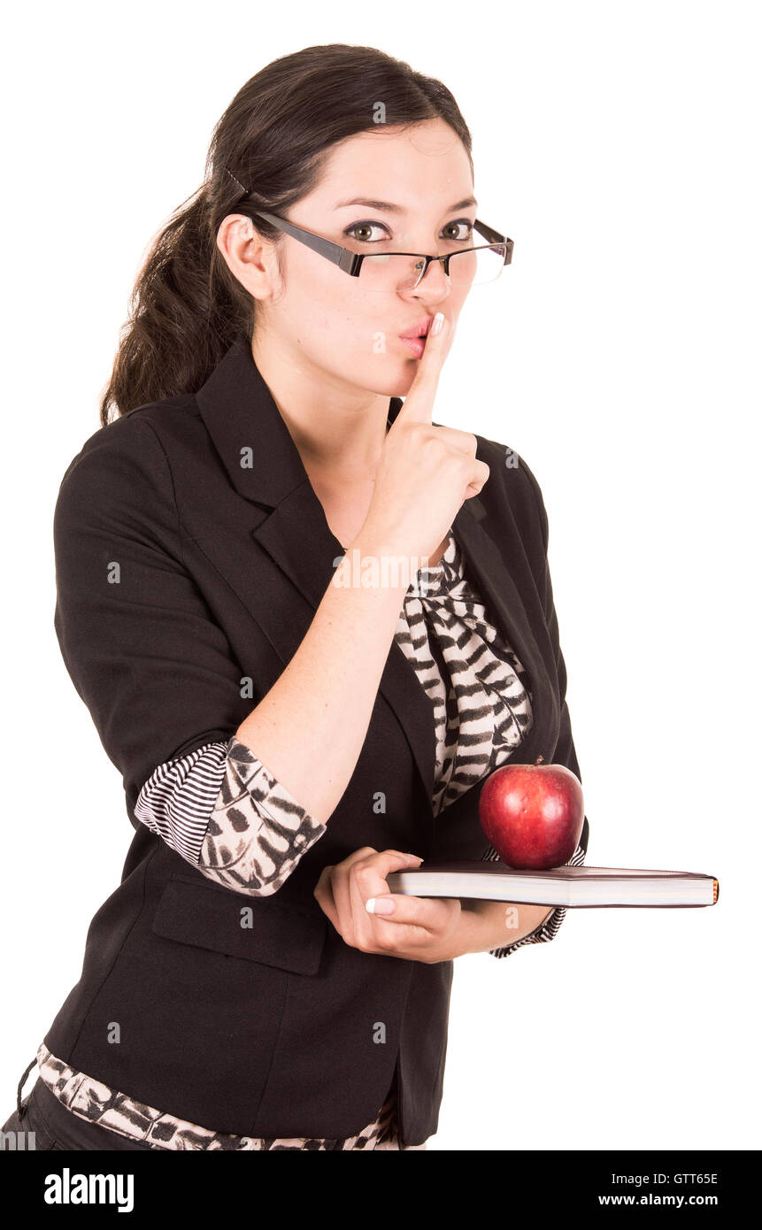 sweet female teacher holding red apple Stock Photo - Alamy