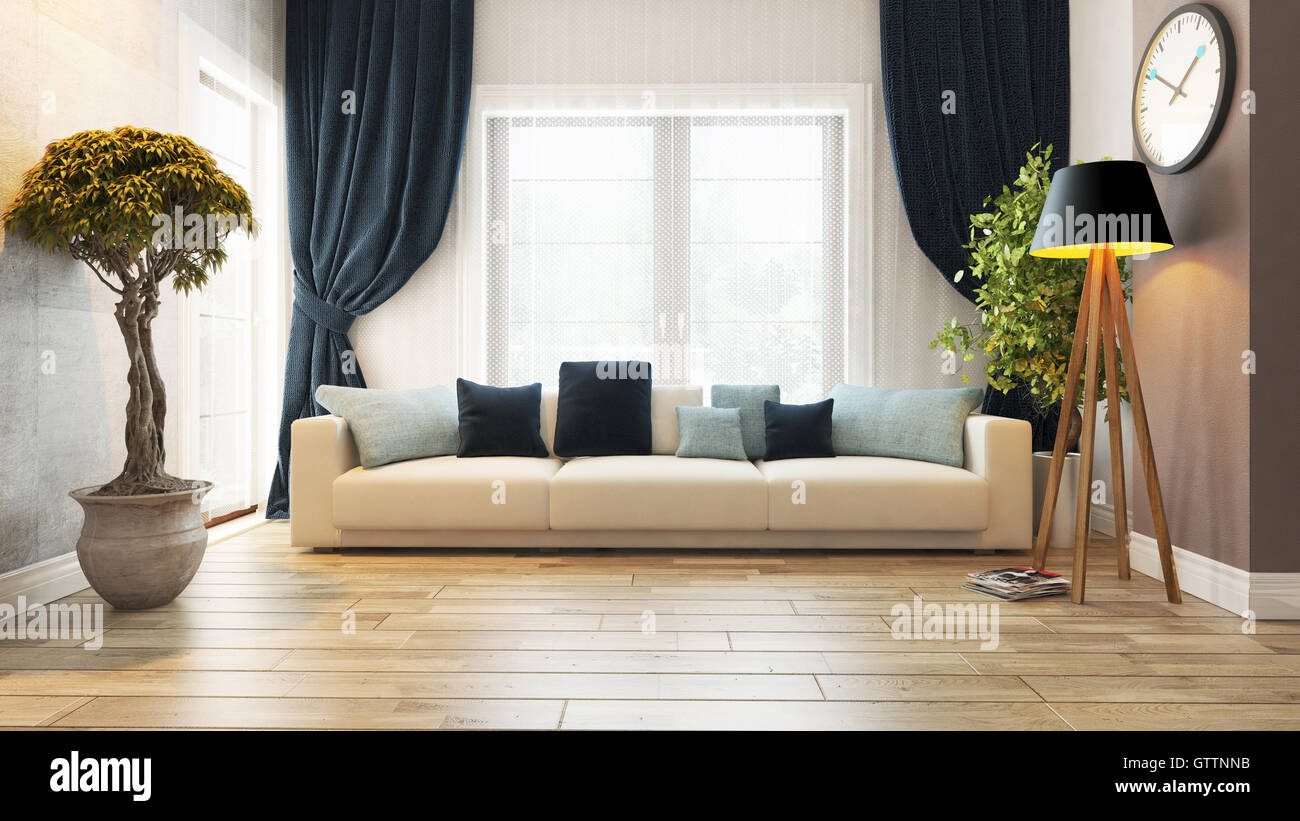 living room or saloon interior design with seat 3d rendering Stock ...