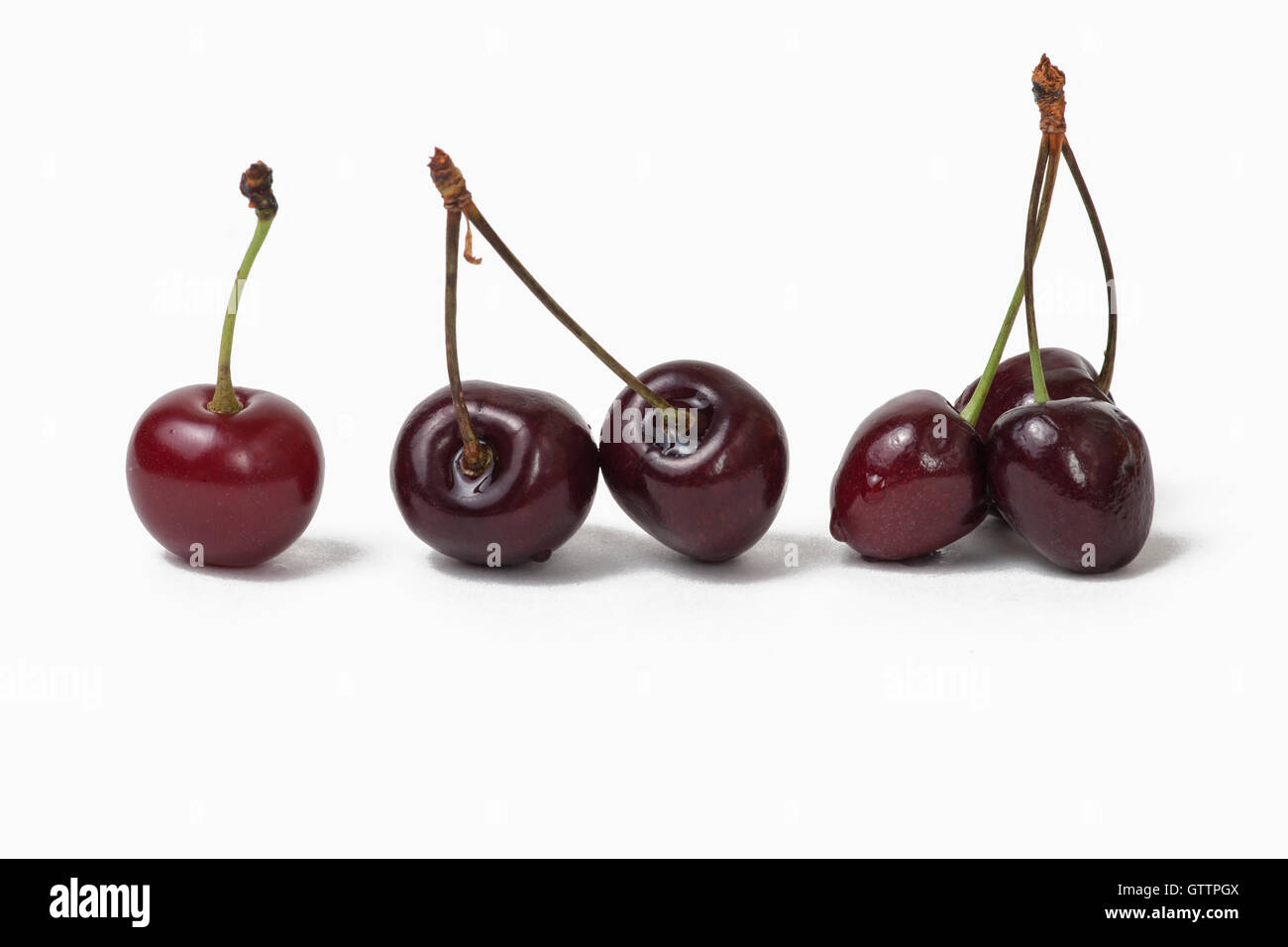 Line of cherries, isolated against white background. Single cherry, two ...