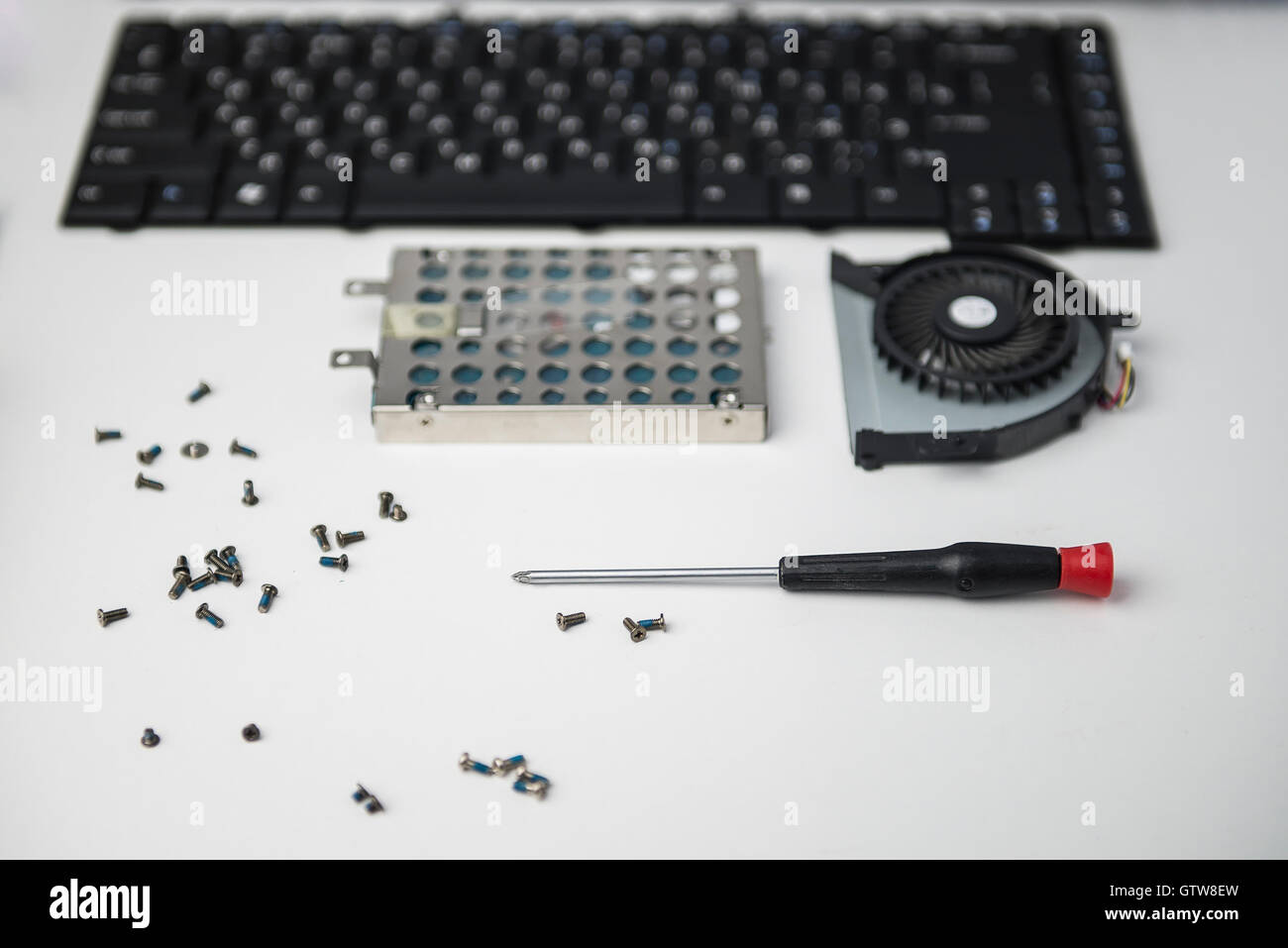 screwdriver and spare parts from the laptop on a white table. Keyboard ...