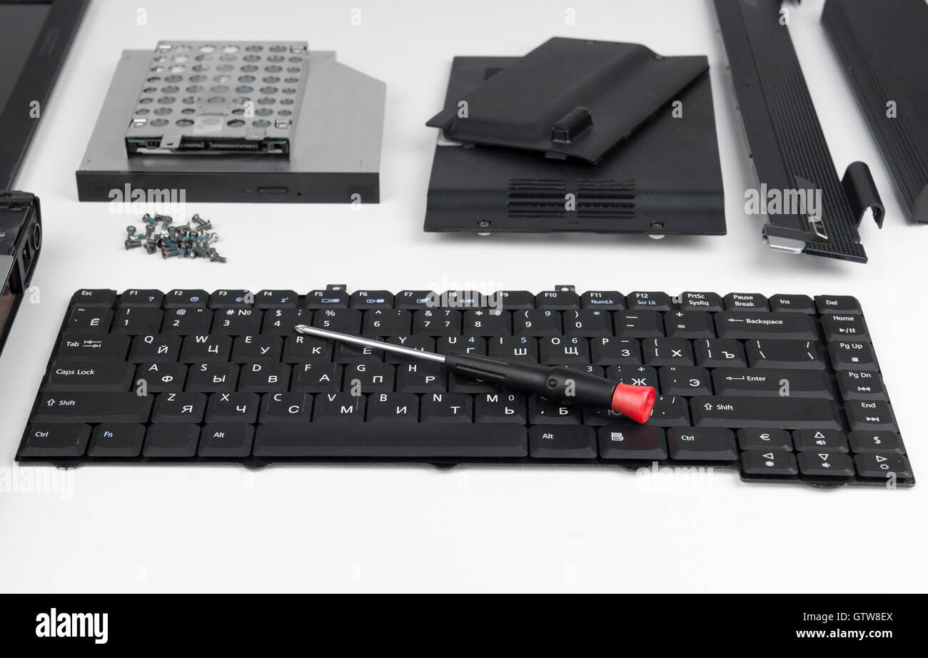 screwdriver and spare parts from the laptop on a white table. Keyboard ...