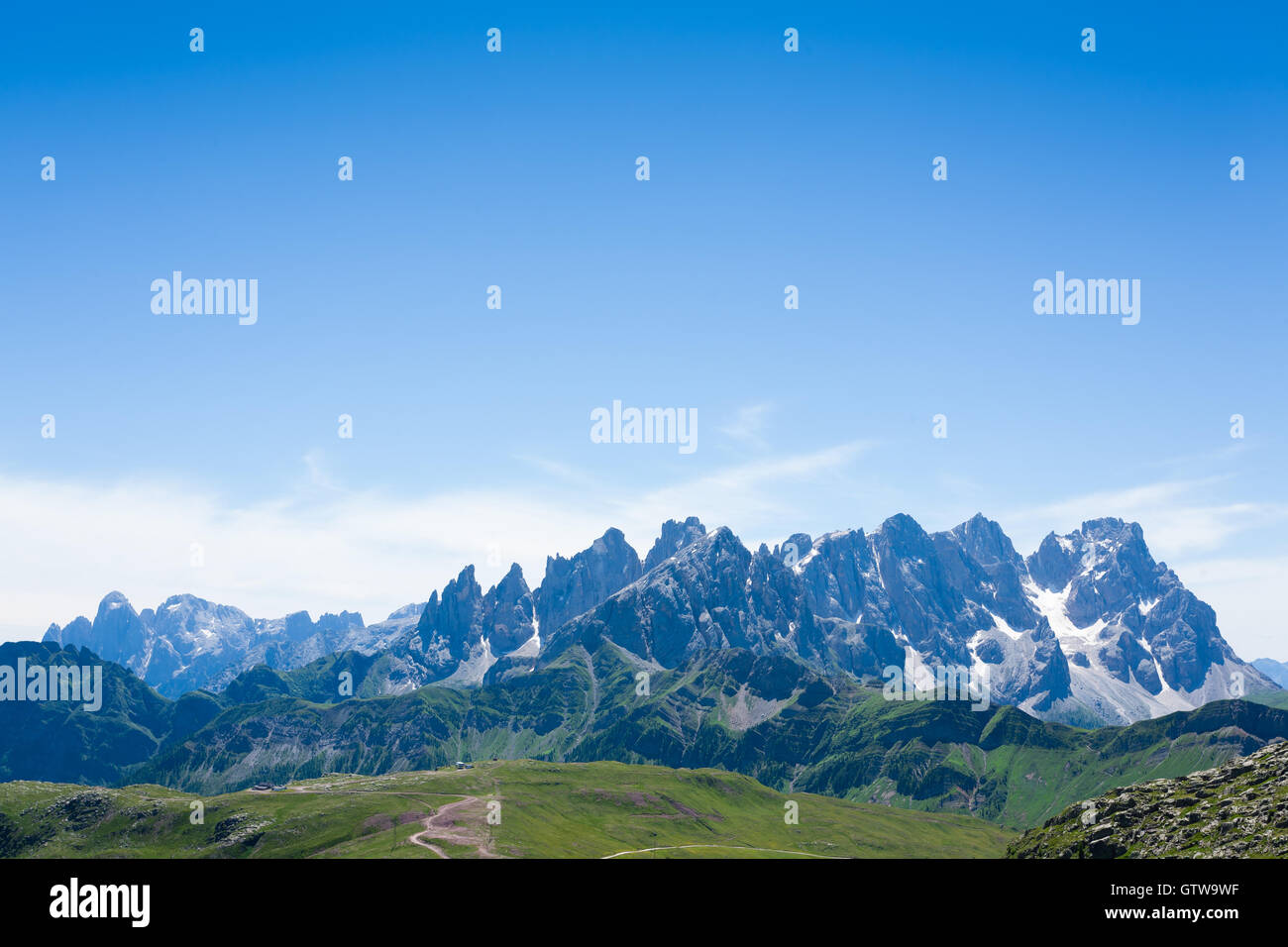 Italian mountain panorama. "Pale di San Martino" peaks. Sport and ...
