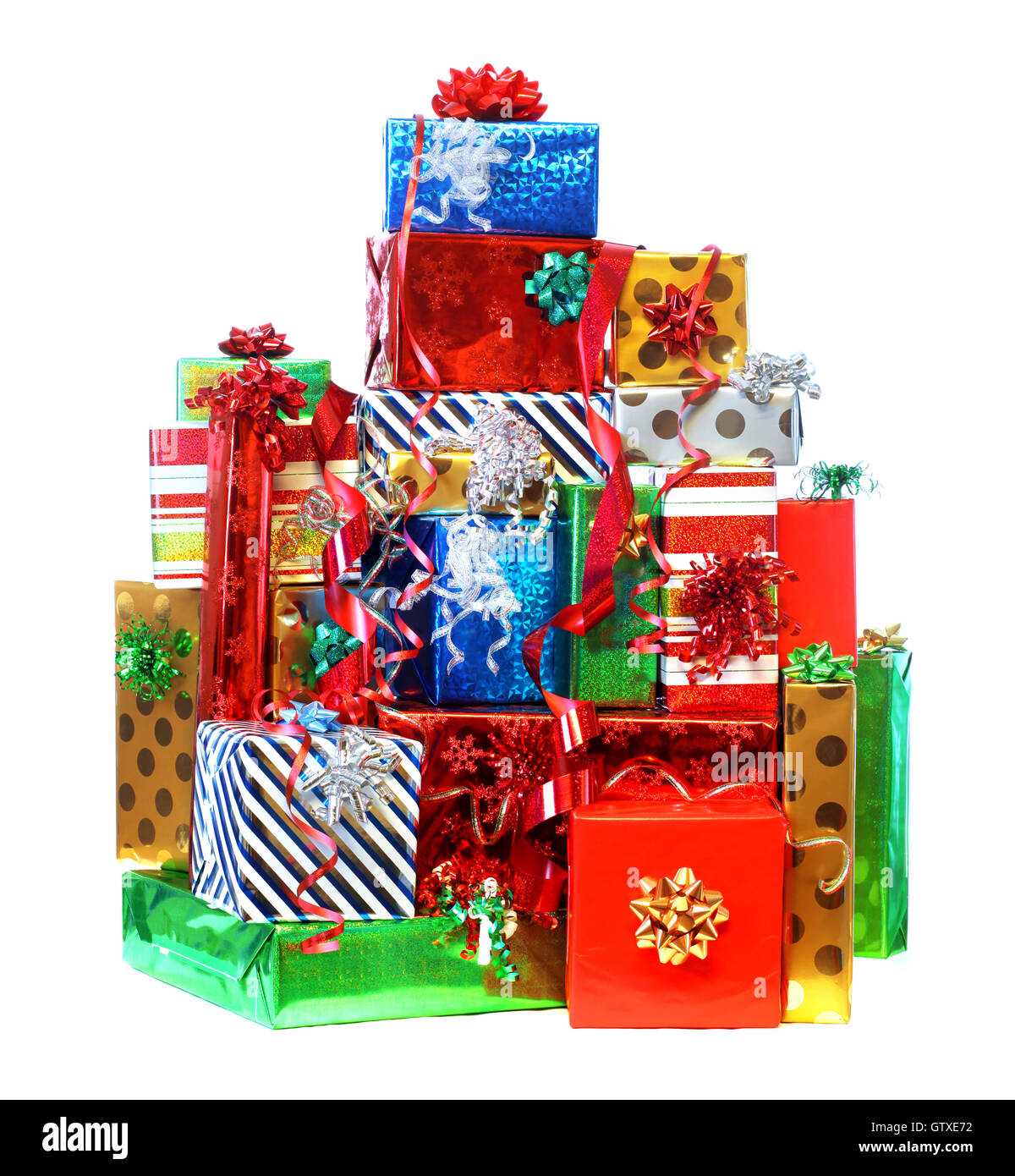 Stack of colorful presents isolated on white Stock Photo - Alamy