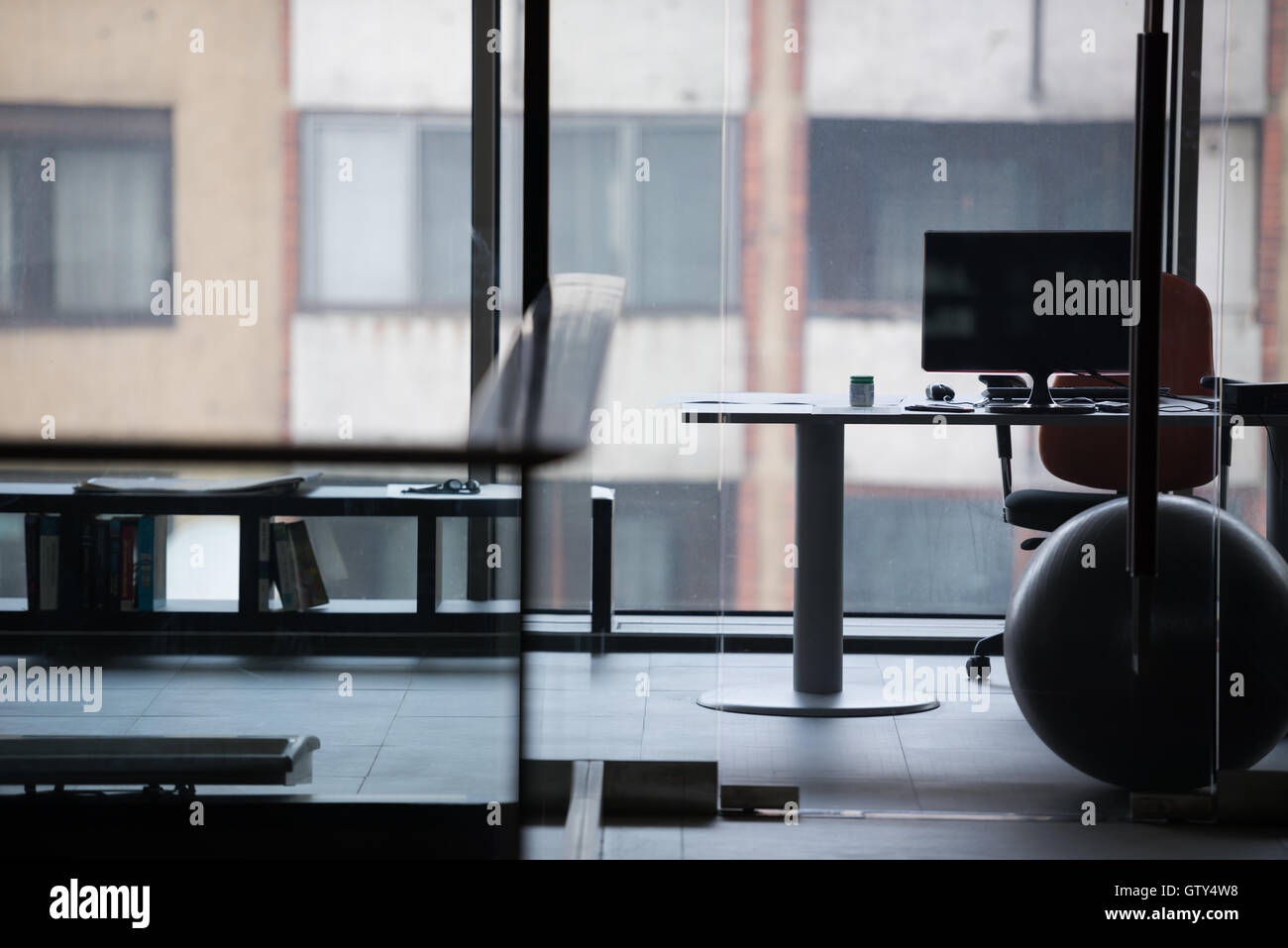 empty startup office interior with modern computers and dual screen ...