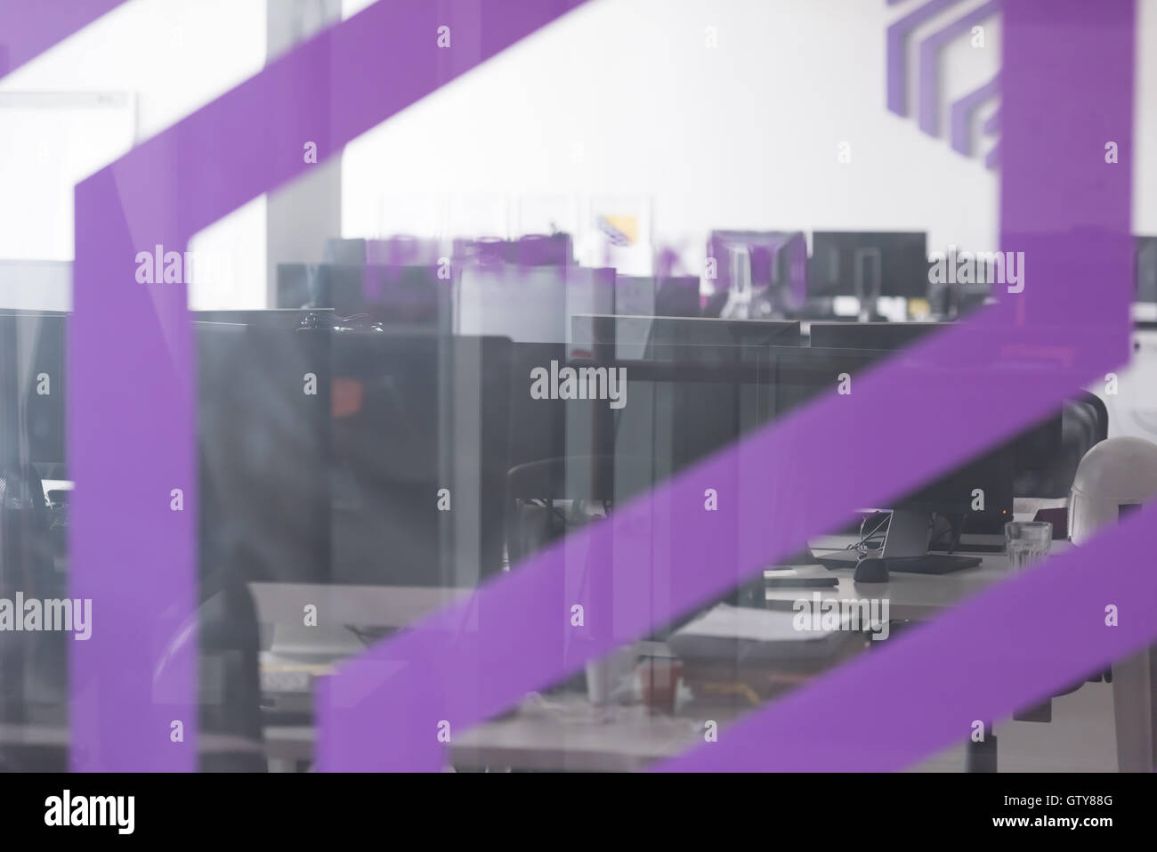 empty startup office interior with modern computers and dual screen ...