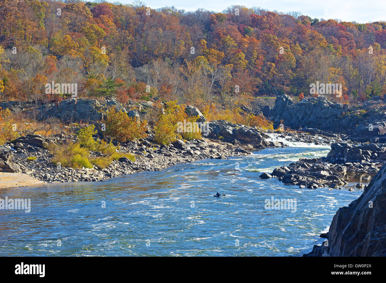 Potomac River flow after the waterfall in Great Falls state park ...