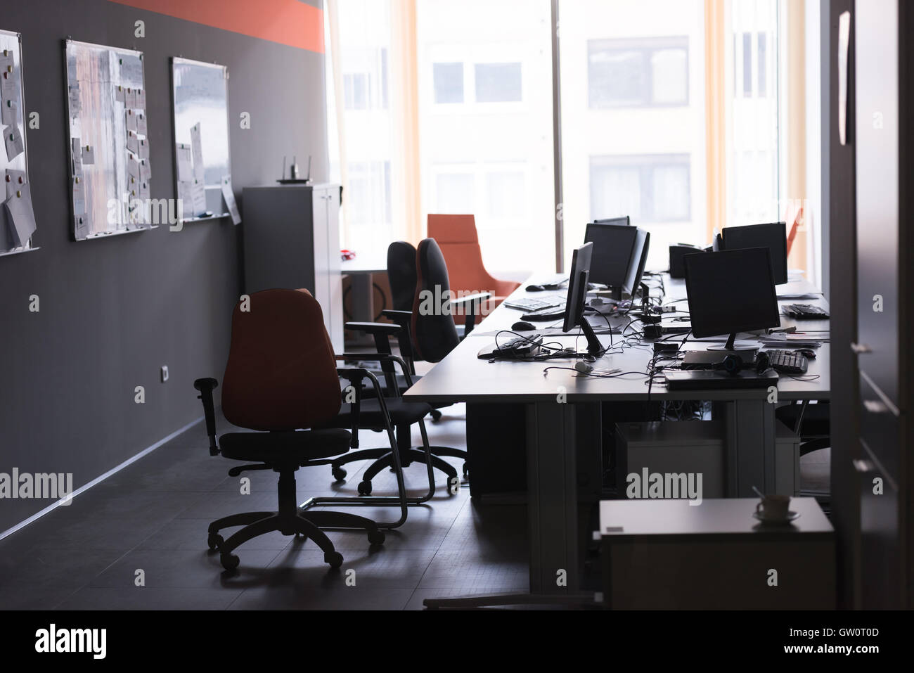 empty startup office interior with modern computers and dual screen ...