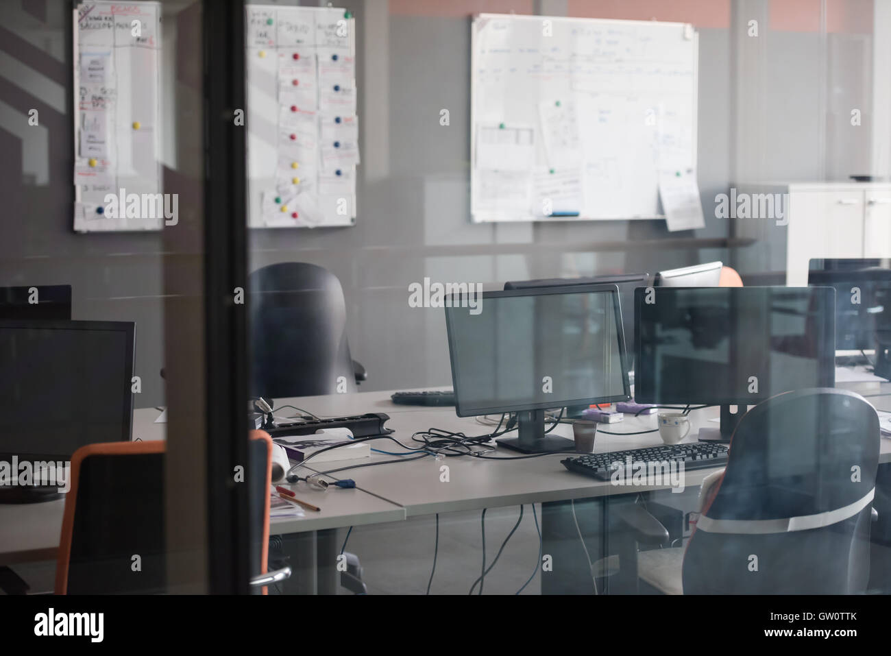 empty startup office interior with modern computers and dual screen ...