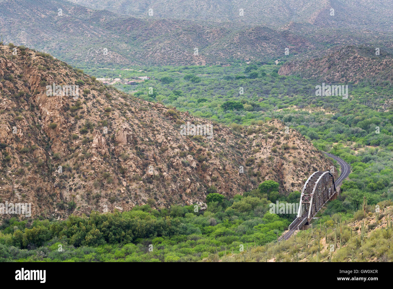 Railroad tracks crossing the Gila River. Gila River Canyon, Arizona ...