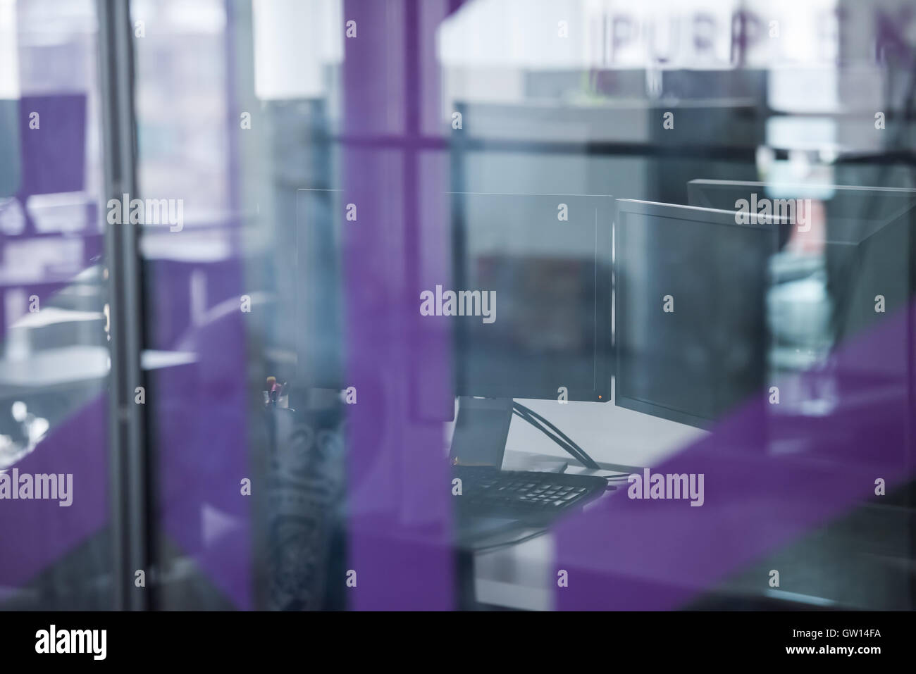 empty startup office interior with modern computers and dual screen ...