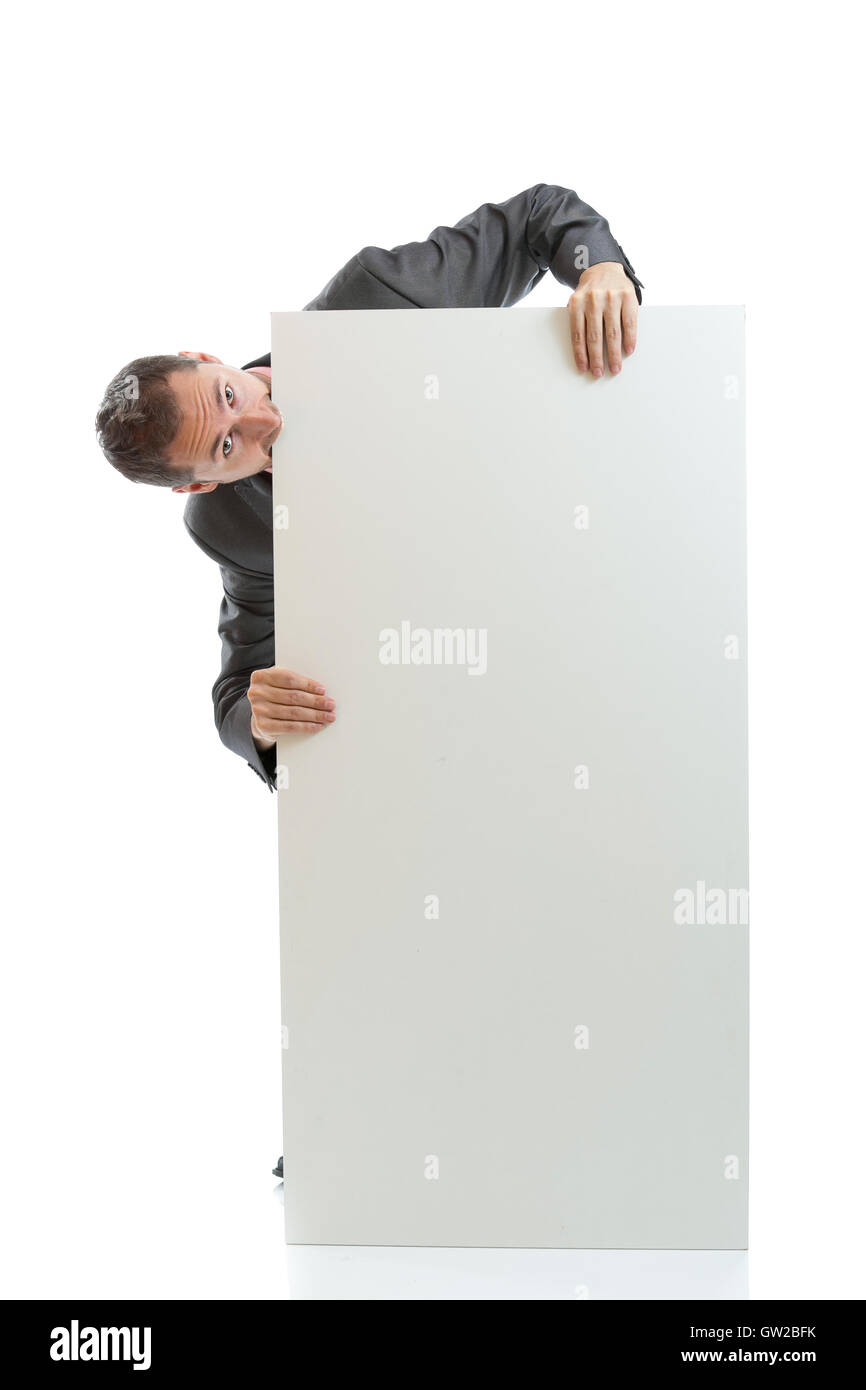 Suit tie businessman displaying placard isolated Stock Photo - Alamy