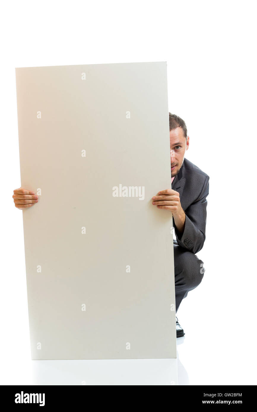 Suit tie businessman displaying placard isolated Stock Photo - Alamy