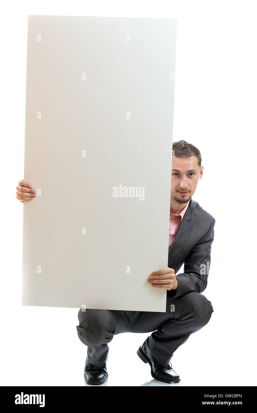 Suit tie businessman displaying placard isolated Stock Photo - Alamy