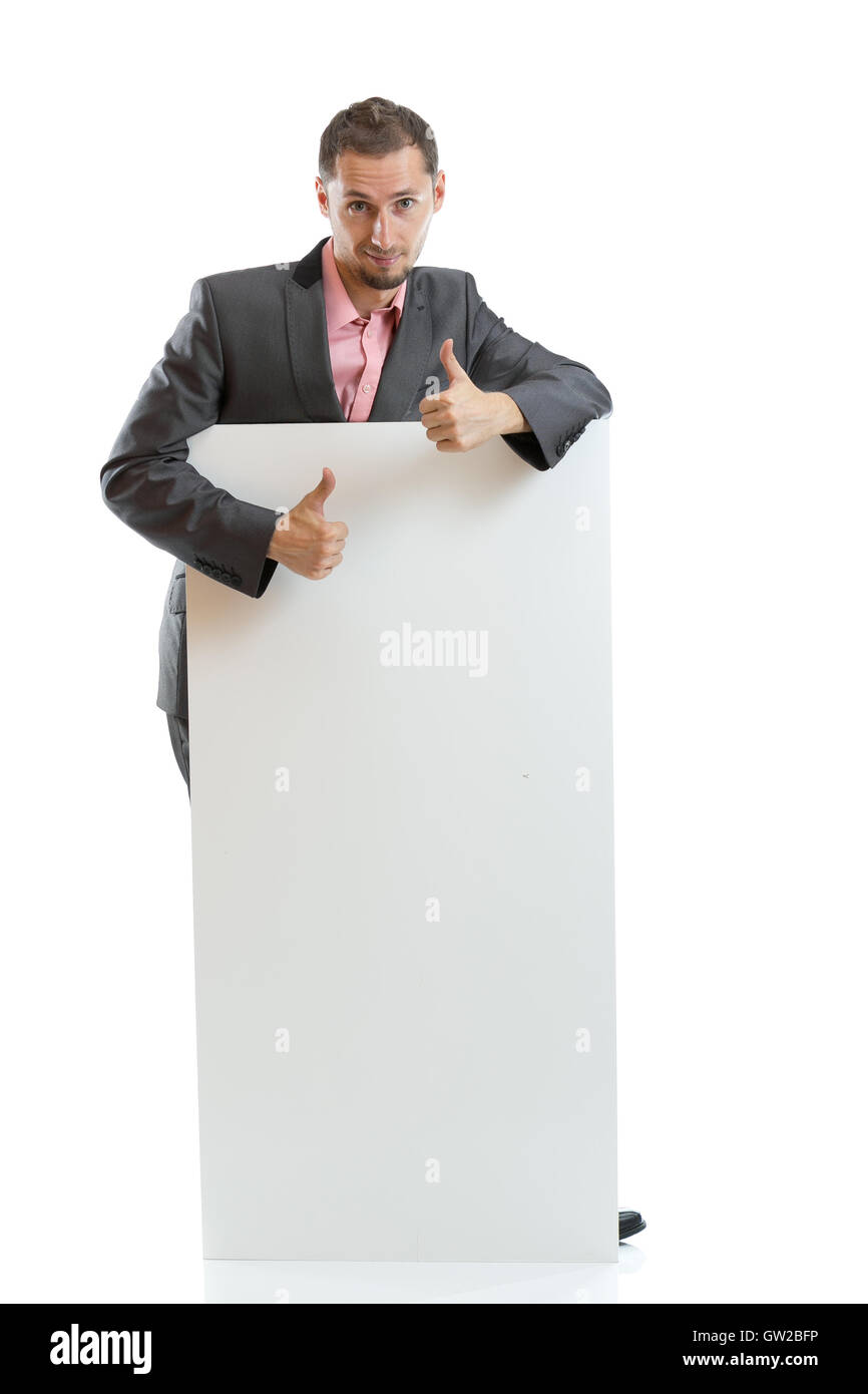 Suit tie businessman displaying placard isolated Stock Photo - Alamy