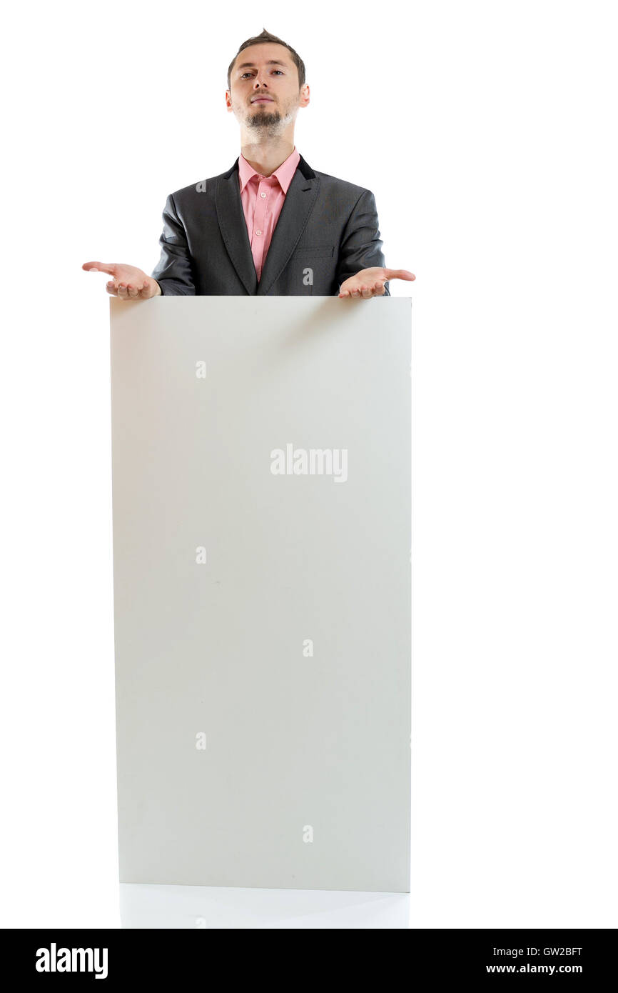 Suit tie businessman displaying placard isolated Stock Photo - Alamy