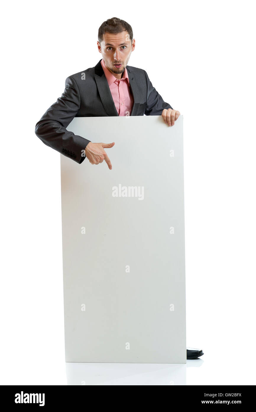 Suit tie businessman displaying placard isolated Stock Photo - Alamy