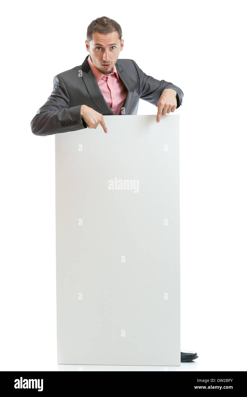 Suit tie businessman displaying placard isolated Stock Photo - Alamy