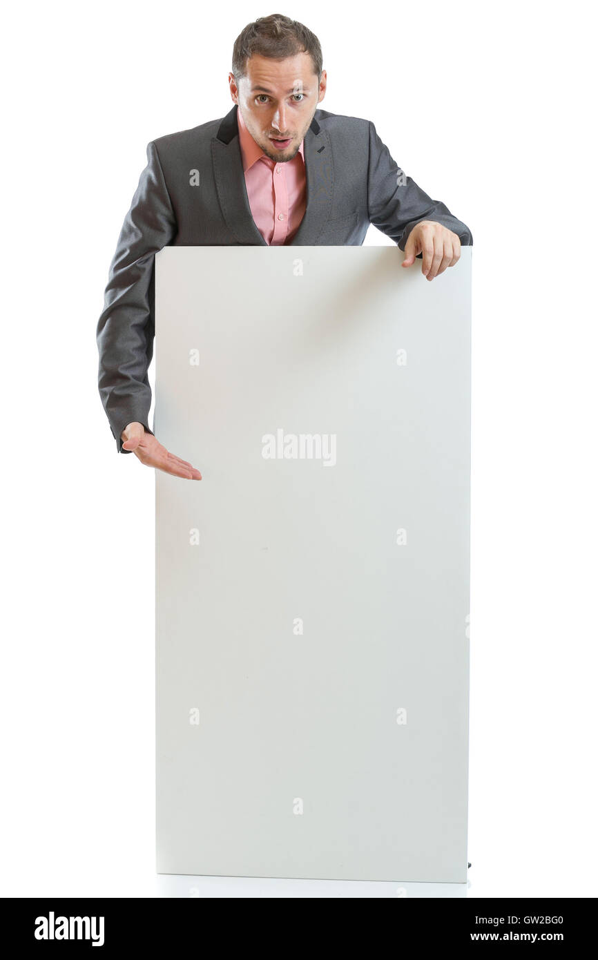 Suit tie businessman displaying placard isolated Stock Photo - Alamy