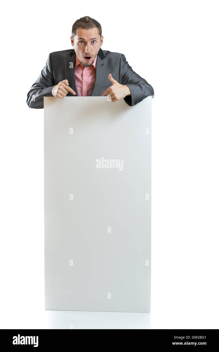 Suit tie businessman displaying placard isolated Stock Photo - Alamy