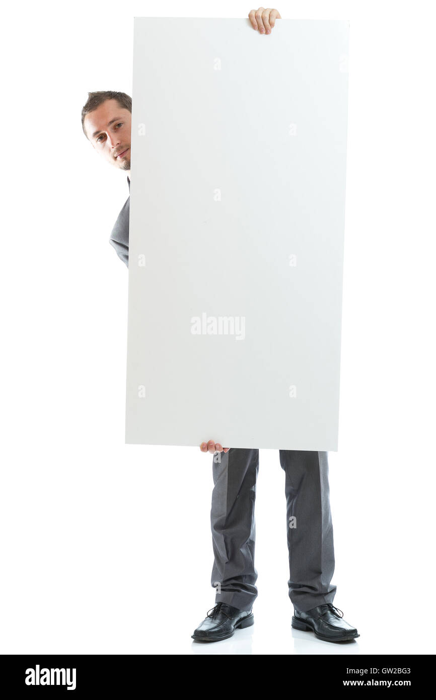 Suit tie businessman displaying placard isolated Stock Photo - Alamy