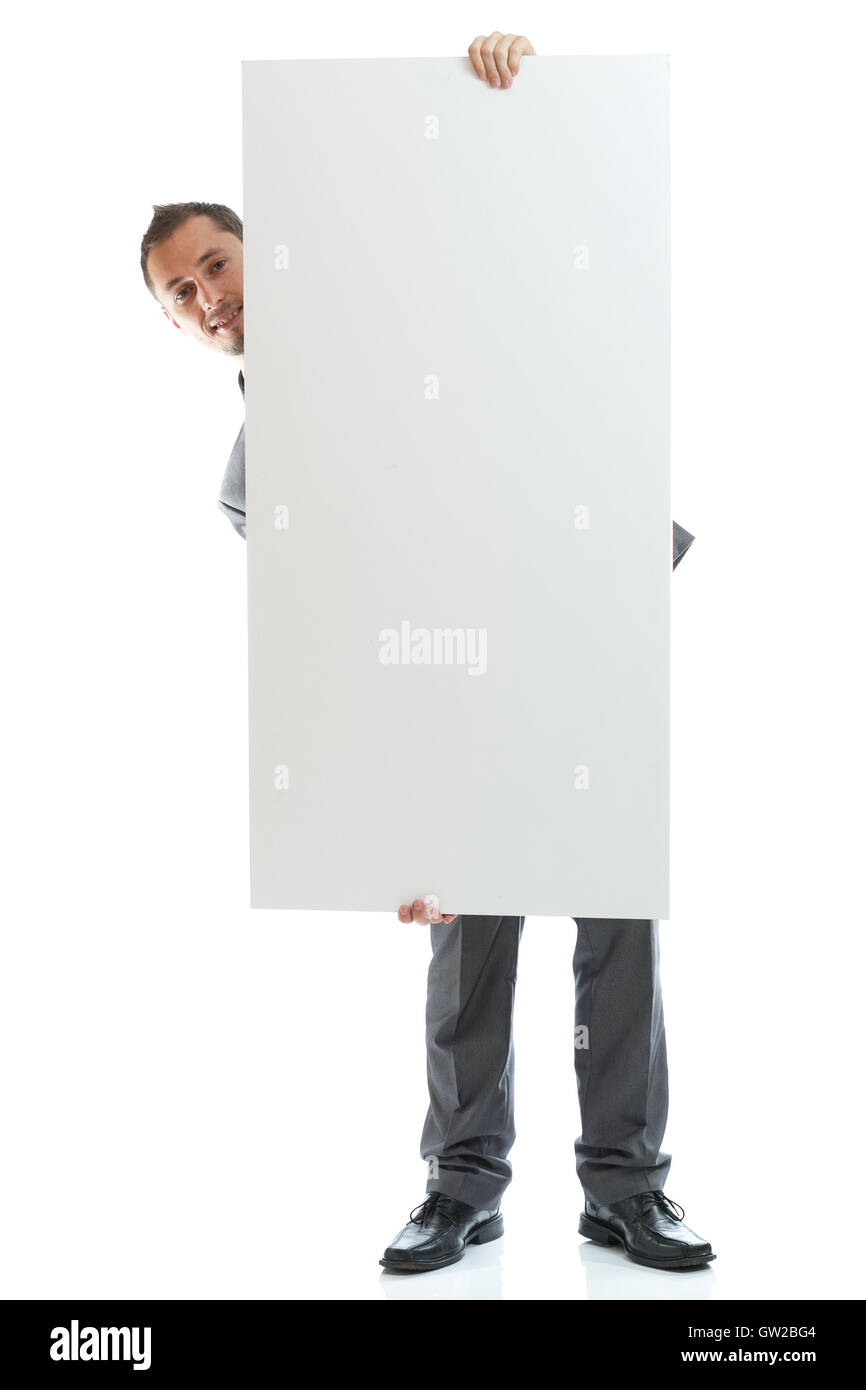 Suit tie businessman displaying placard isolated Stock Photo - Alamy