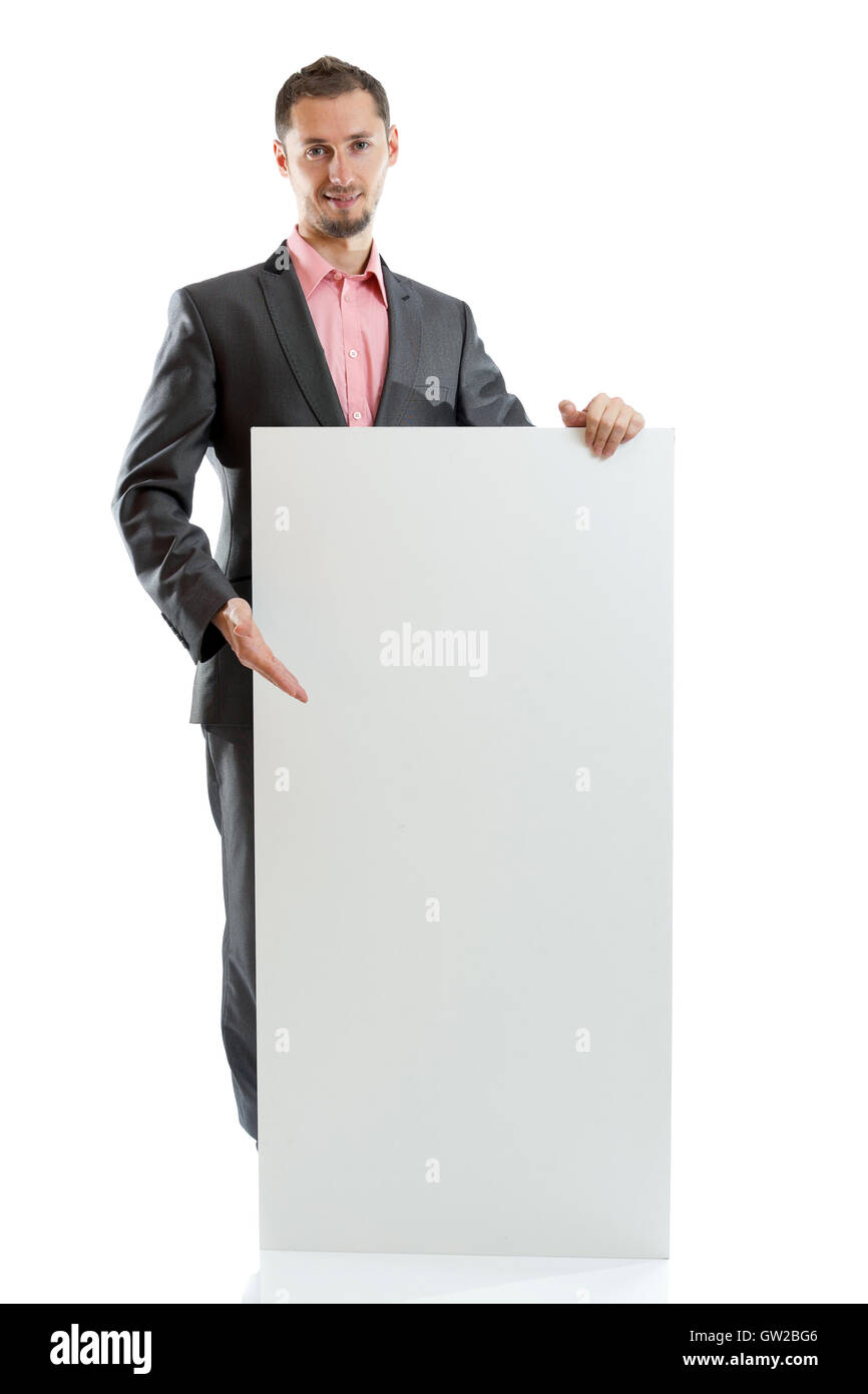 Suit tie businessman displaying placard isolated Stock Photo - Alamy