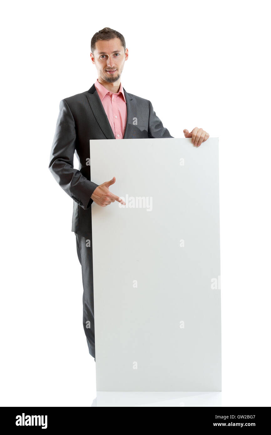 Suit tie businessman displaying placard isolated Stock Photo - Alamy