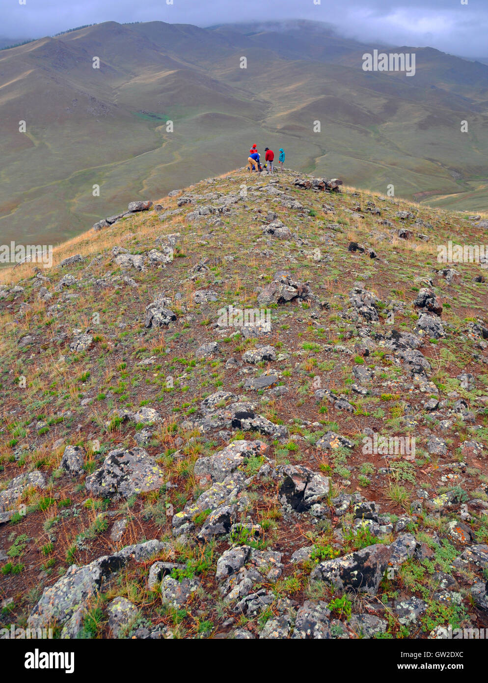 4 geologists collecting rock samples, Otgon Tenger Mountains, western ...