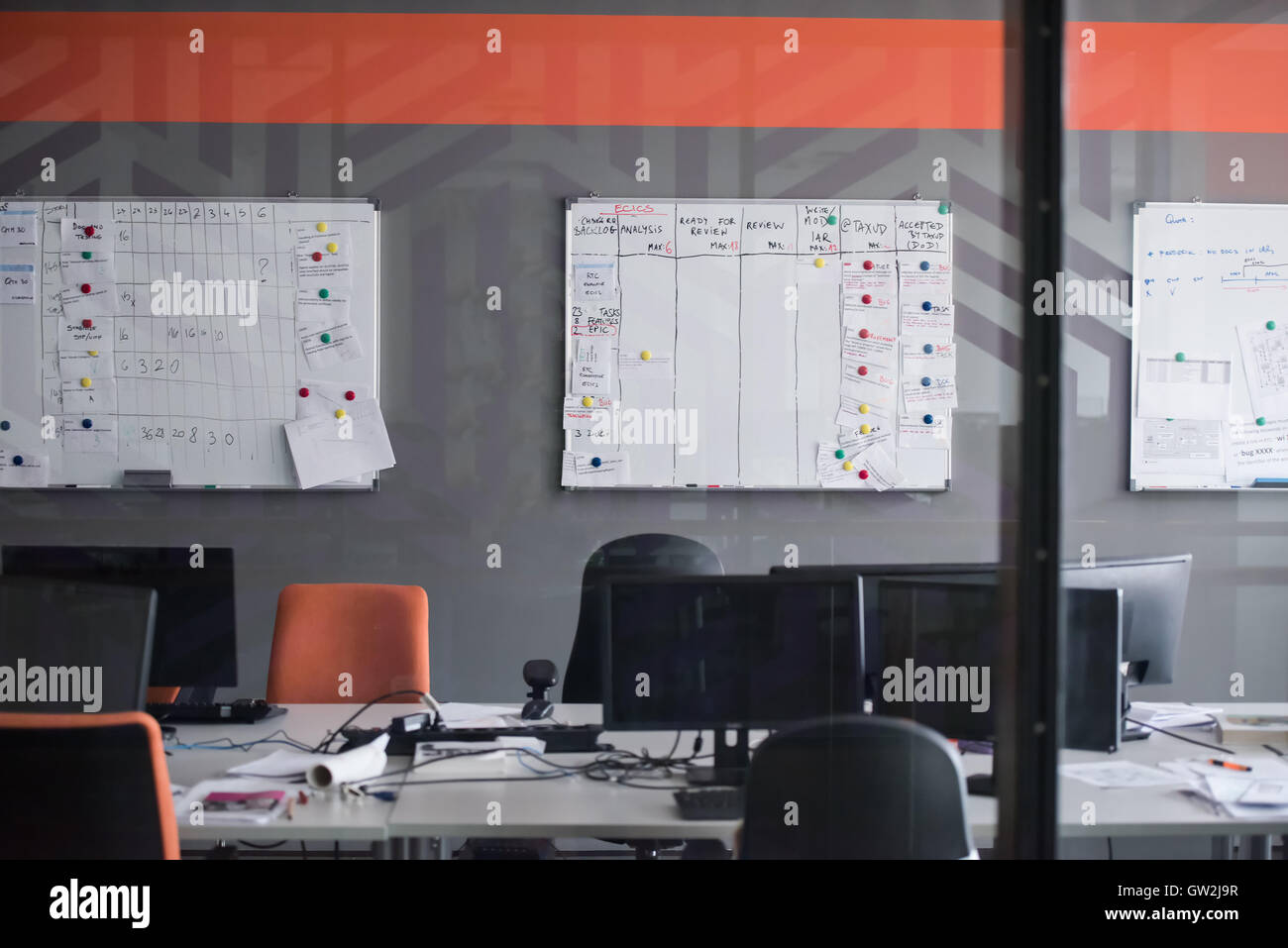 empty startup office interior with modern computers and dual screen ...