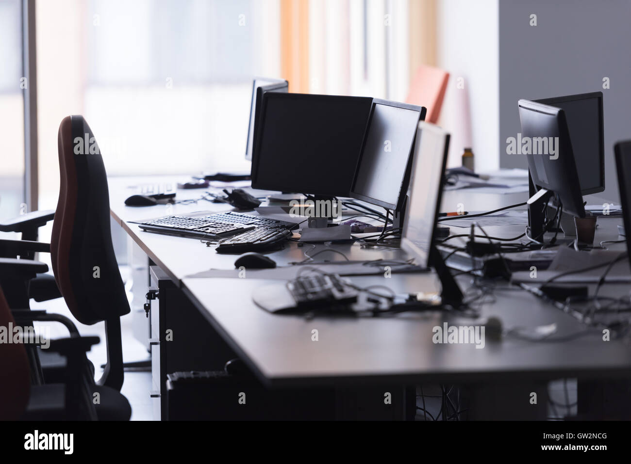 empty startup office interior with modern computers and dual screen ...