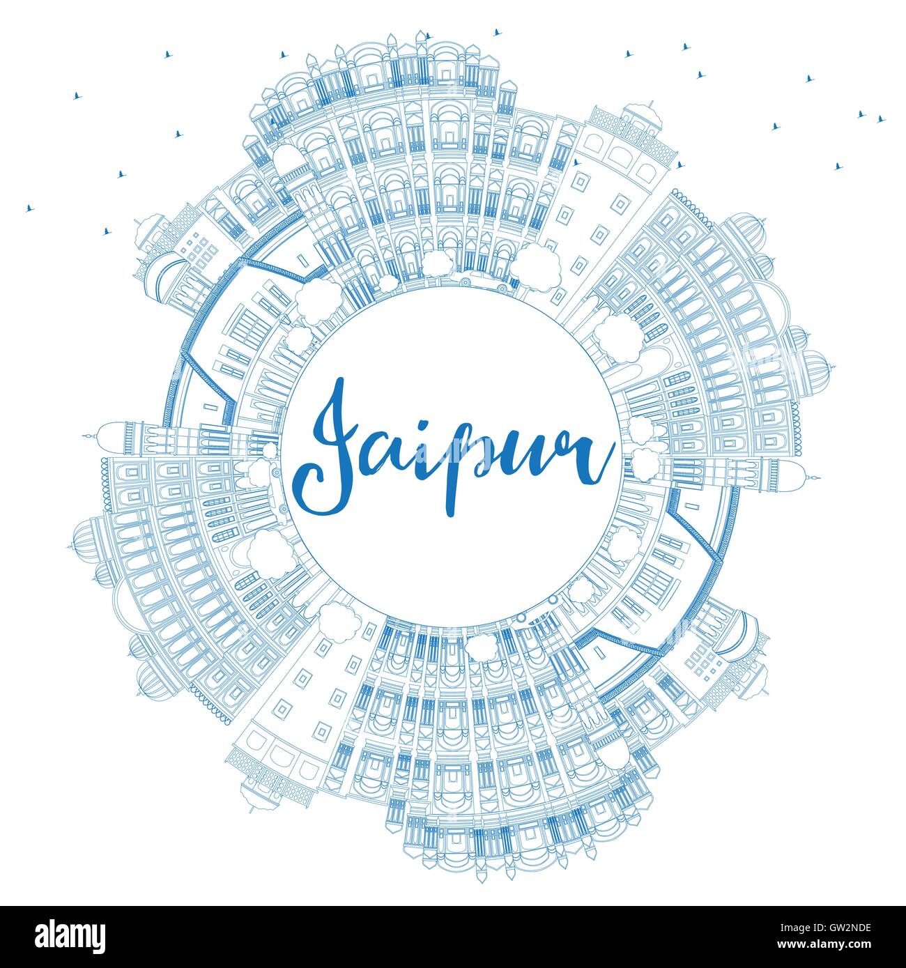 Outline Jaipur Skyline with Blue Landmarks and Copy Space. Vector ...