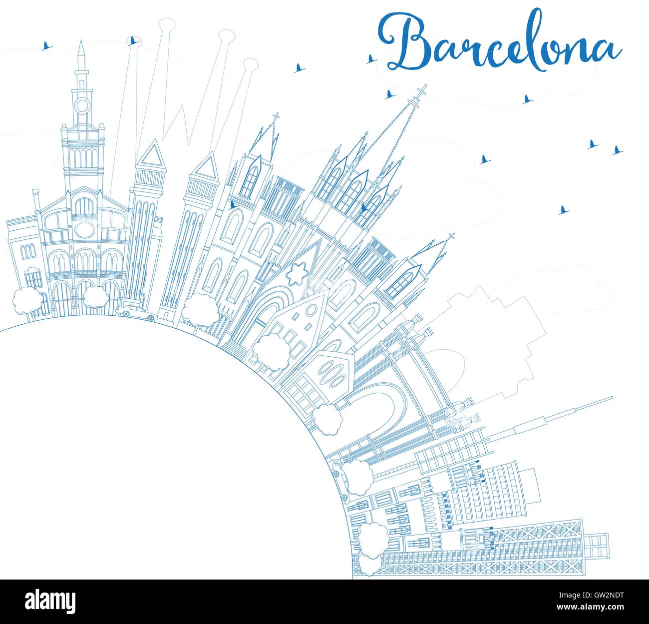 Outline Barcelona Skyline with Blue Buildings and Copy Space. Vector ...