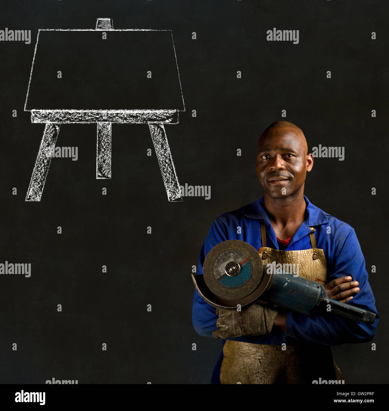 African black man industrial worker with chalk easel on blackboard ...