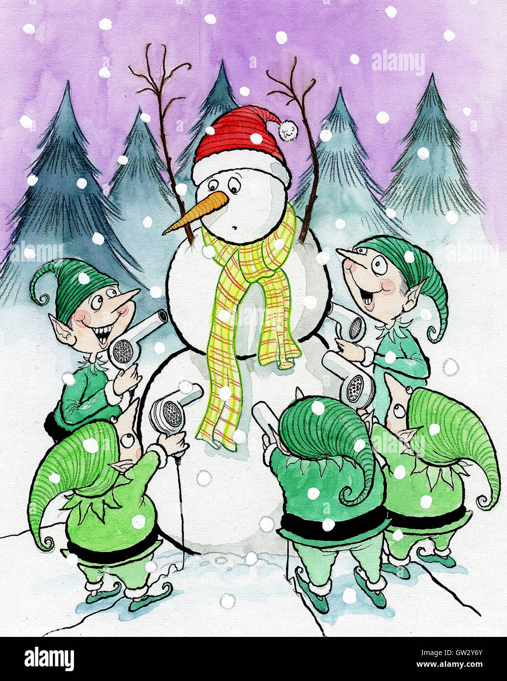 Elves and the Snowman Stock Photo - Alamy
