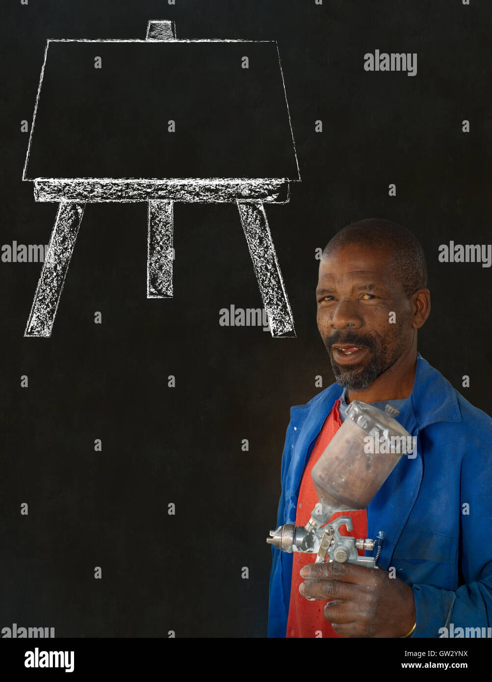 African black man industrial worker with chalk easel on blackboard ...