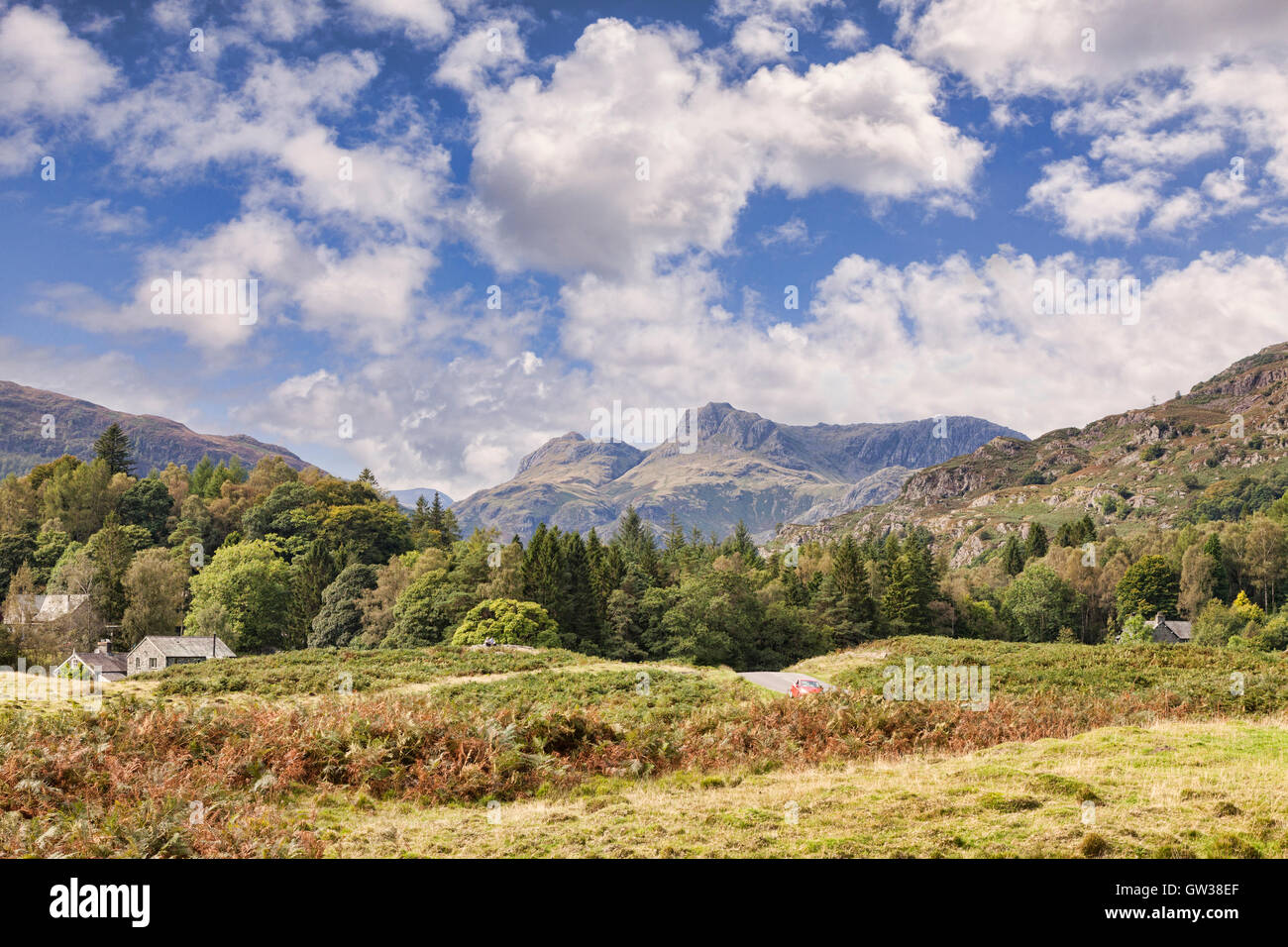Langdale Pikes from Elterwater, Lake District National Park, Cumbria ...
