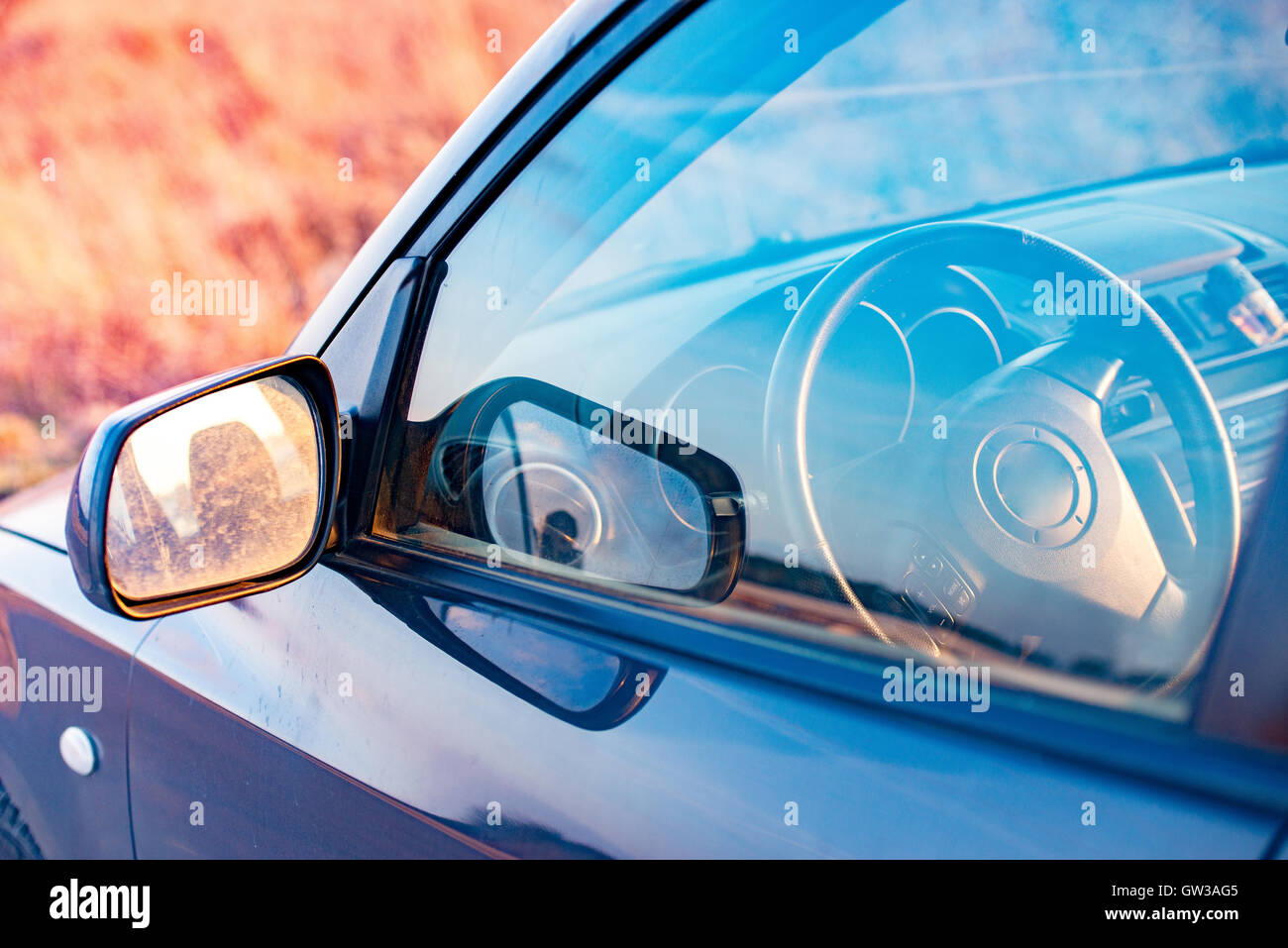Interior view of car focus on the steering wheel Stock Photo - Alamy