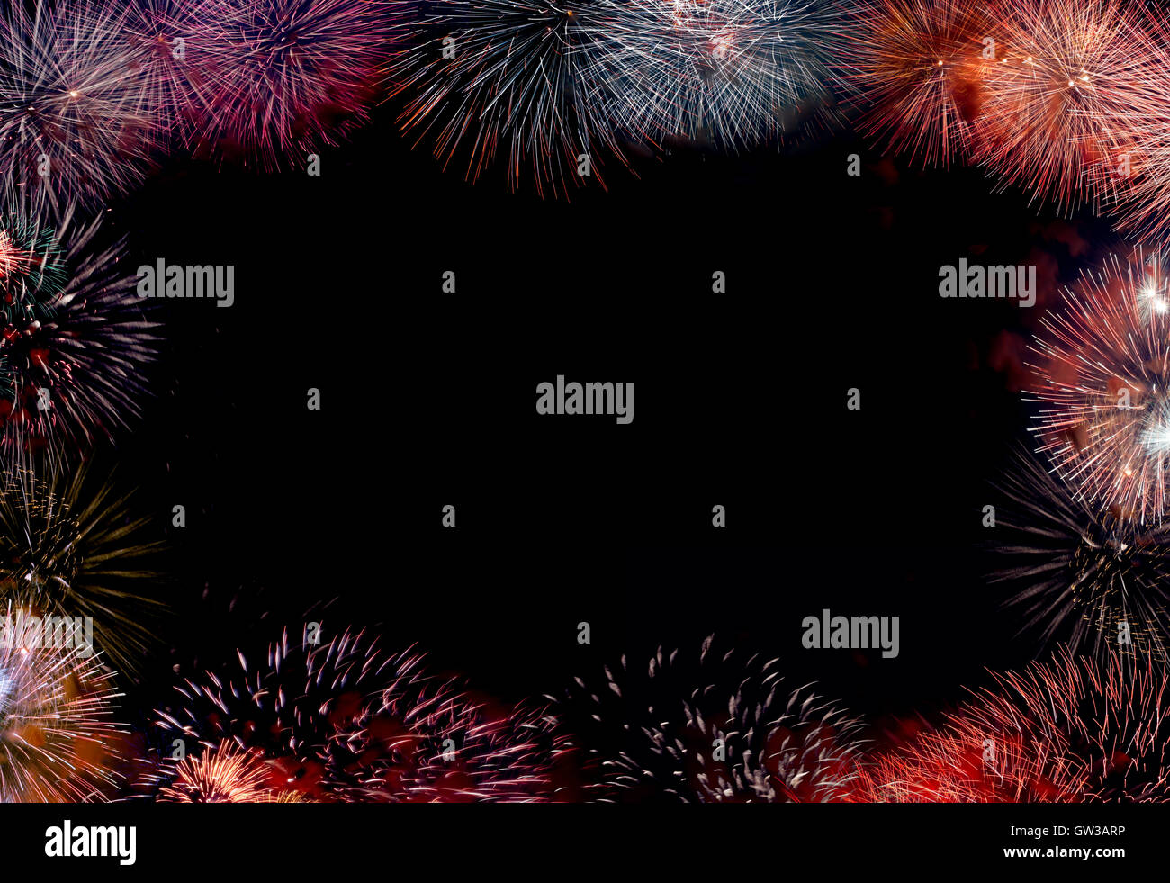 Frame (border) composed of firework flares isolated on black background ...