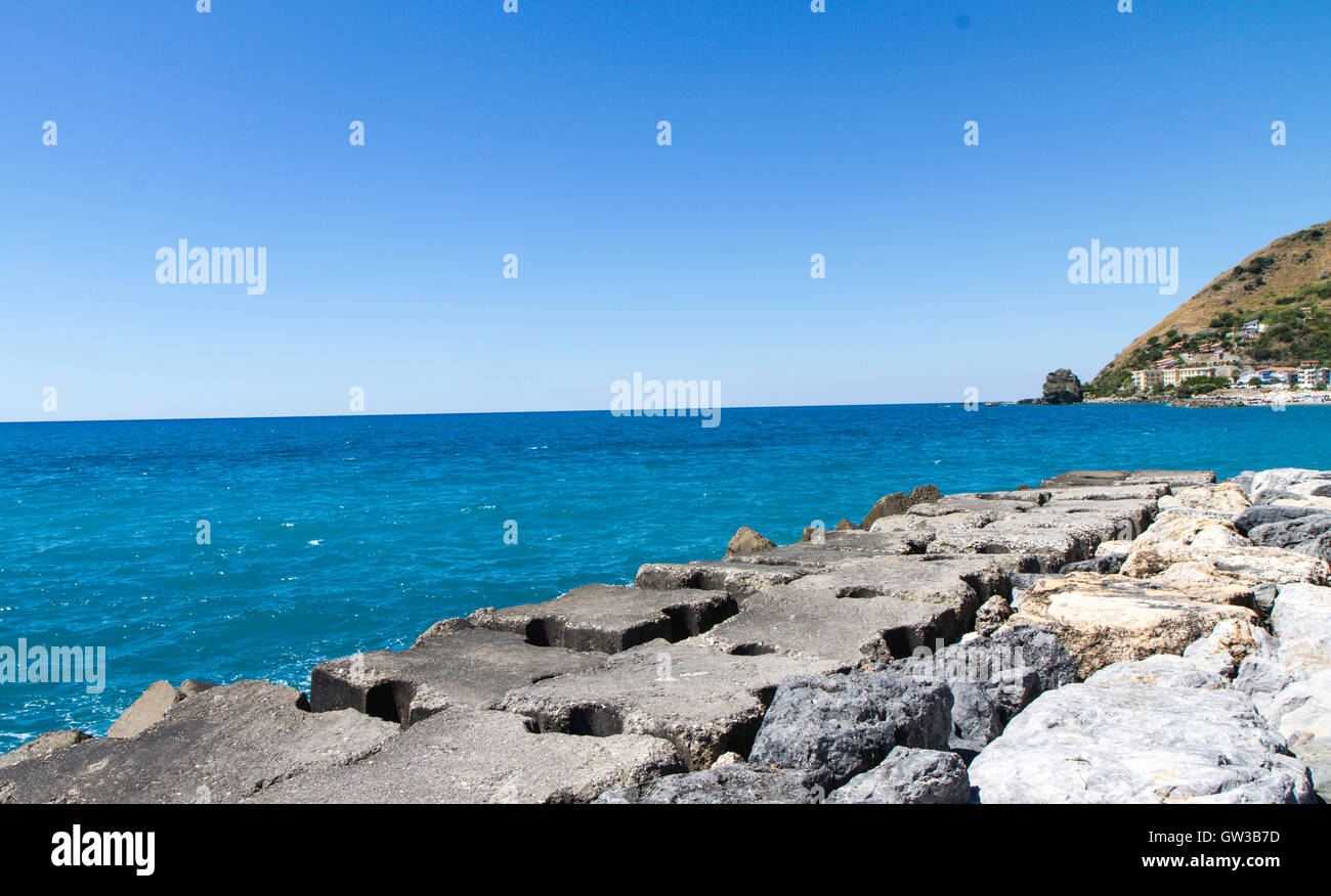 Calabrian coast, Italy, panorama with breakwater and sea Stock Photo ...