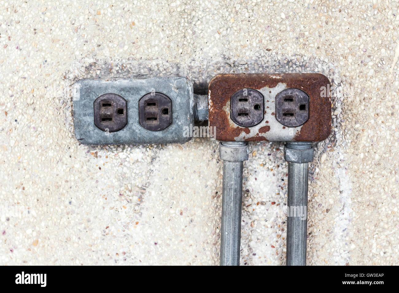 Asia plug socket on brick wall background. Risk of danger Stock Photo ...