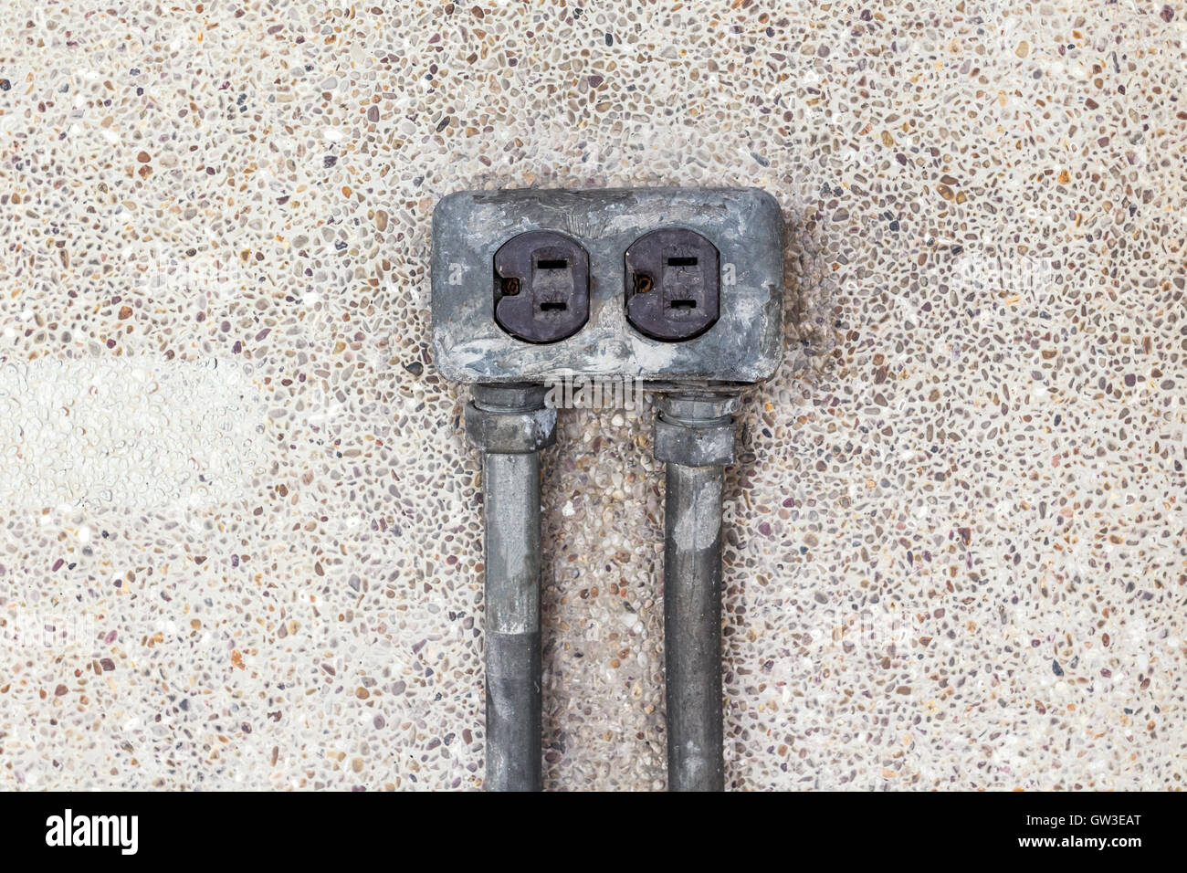 Asia plug socket on brick wall background. Risk of danger Stock Photo ...