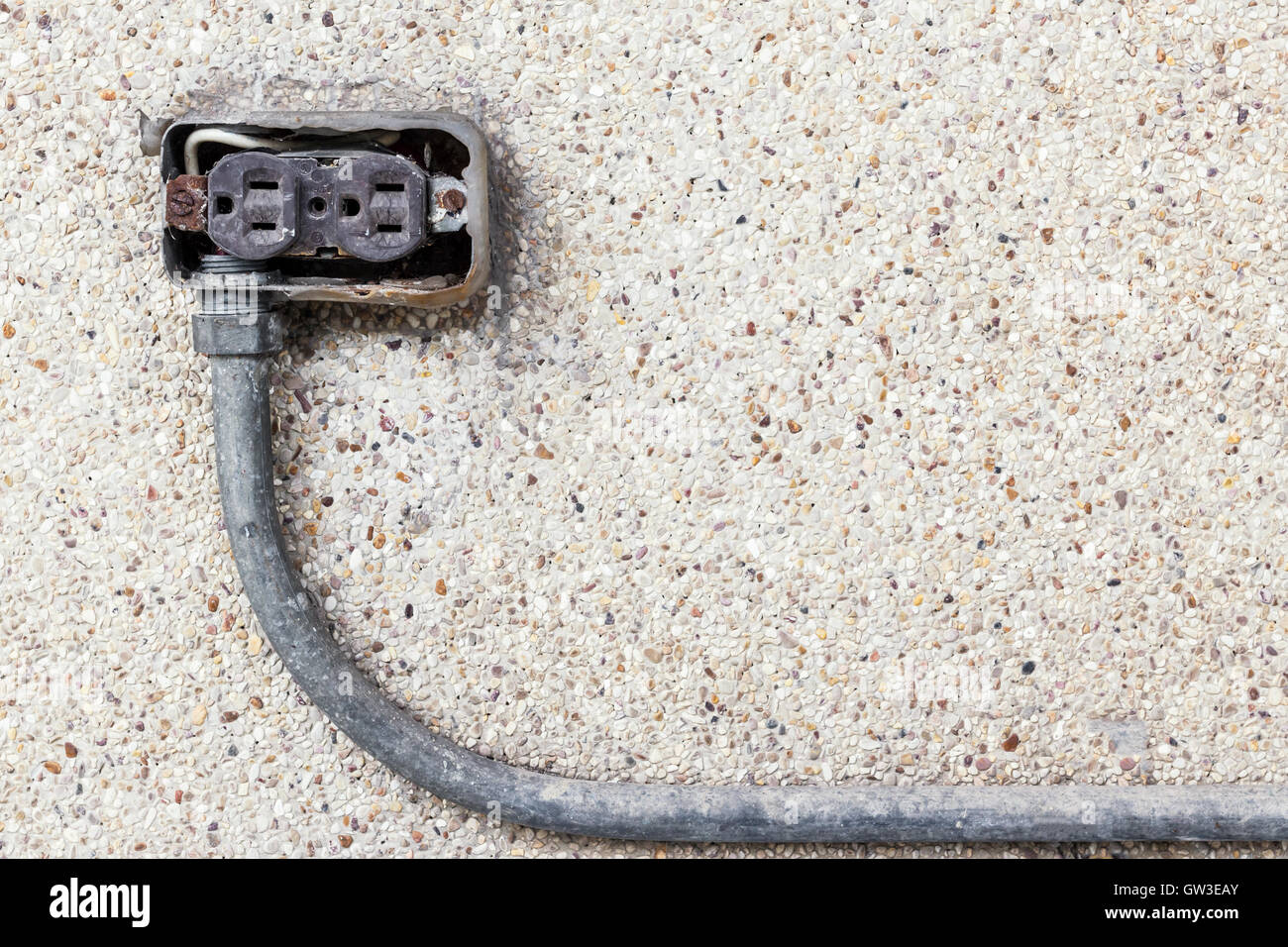 Asia plug socket on brick wall background. Risk of danger Stock Photo ...
