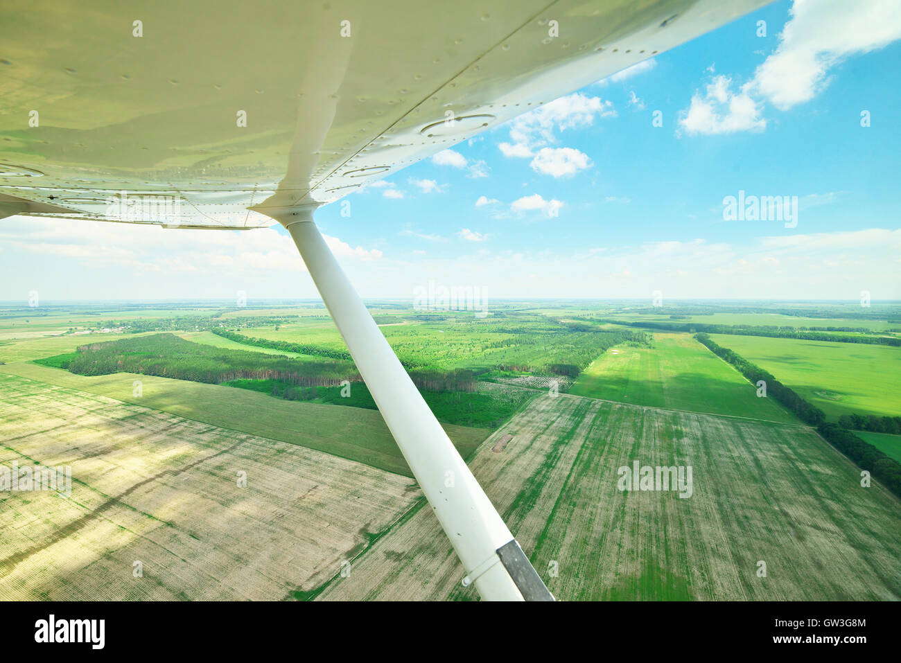 Rural landscape with fields and forests aerial view from the light ...