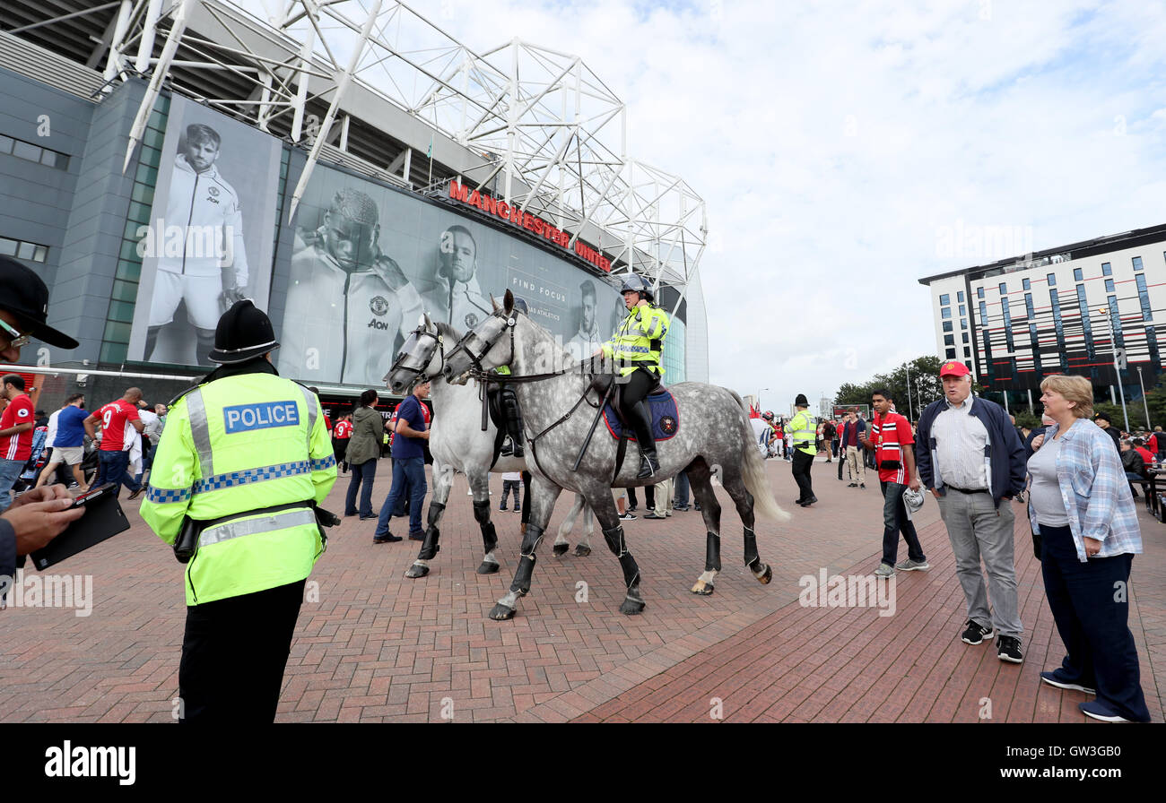 Mounted police on duty outside Old Trafford before the Premier League ...
