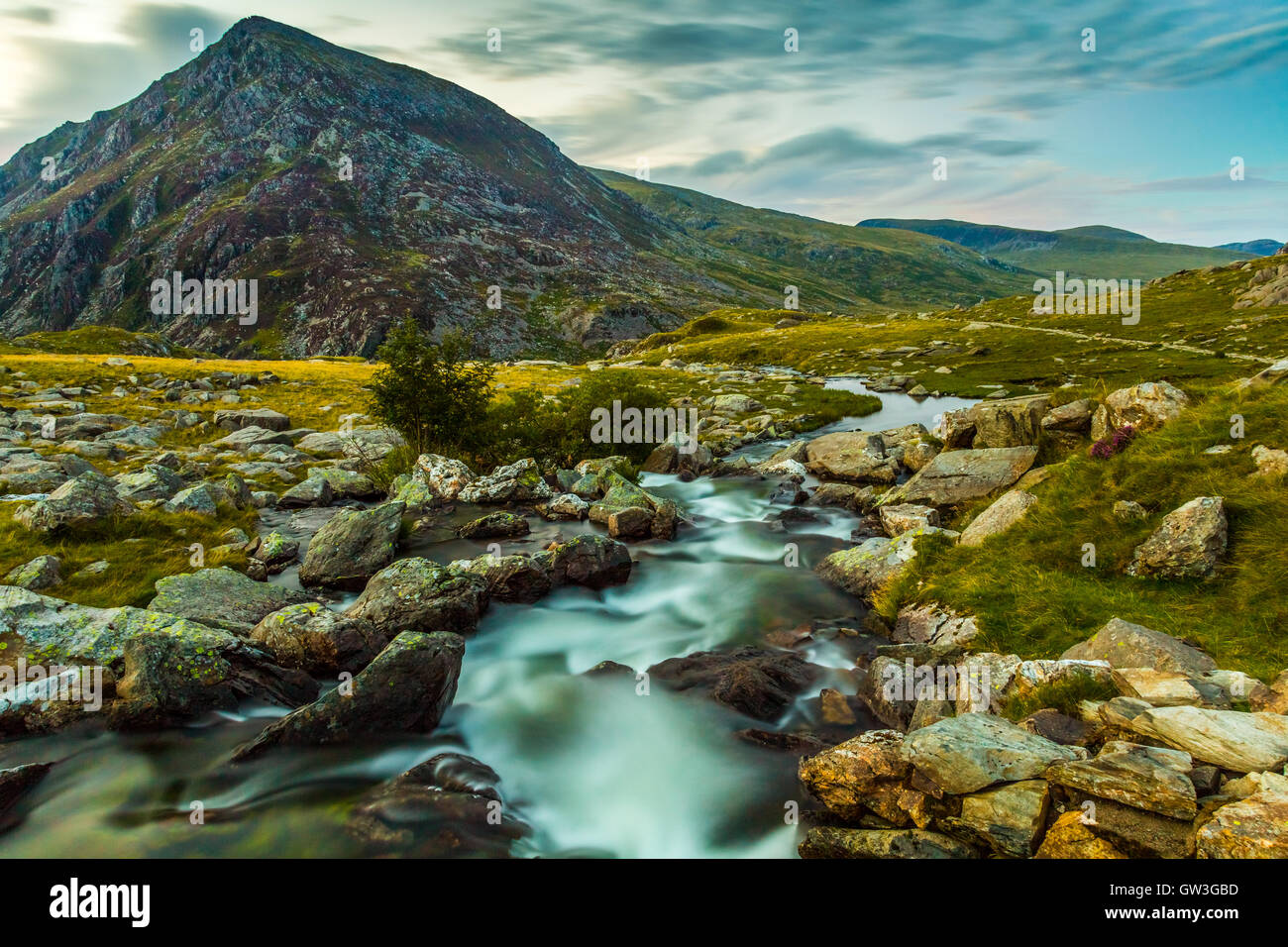 Pen yr Ole Wen and mountain stream in Snowdonia National Park Wales ...