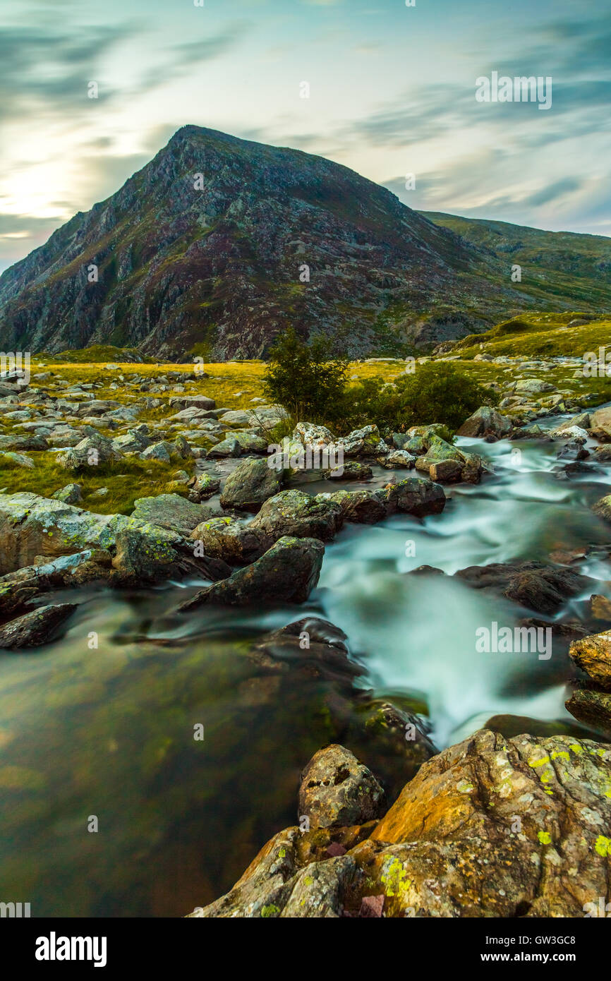 Pen yr Ole Wen and mountain stream in Snowdonia National Park Wales ...