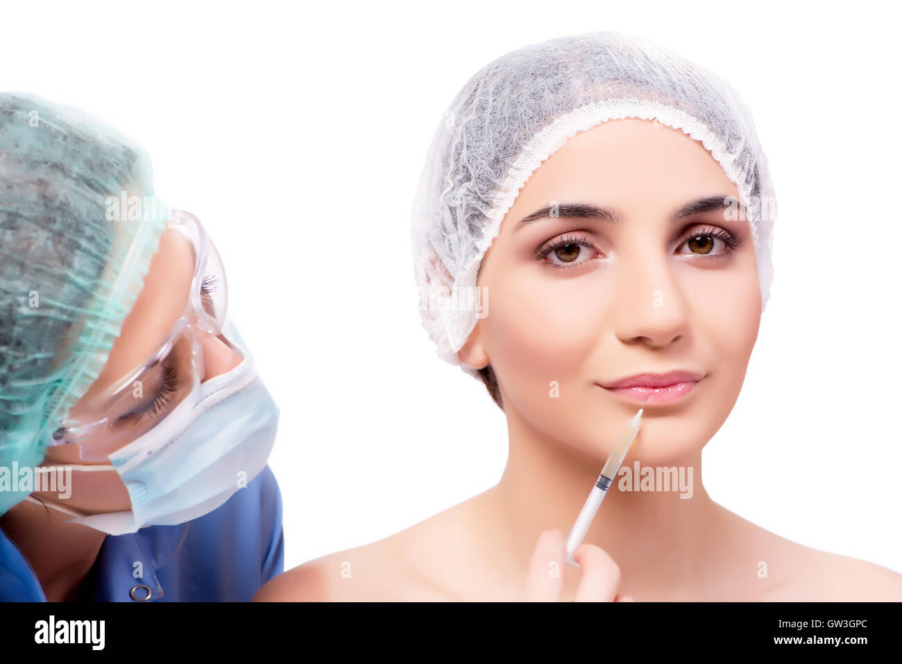 Young woman preparing for plastic surgery isolated on white Stock Photo ...