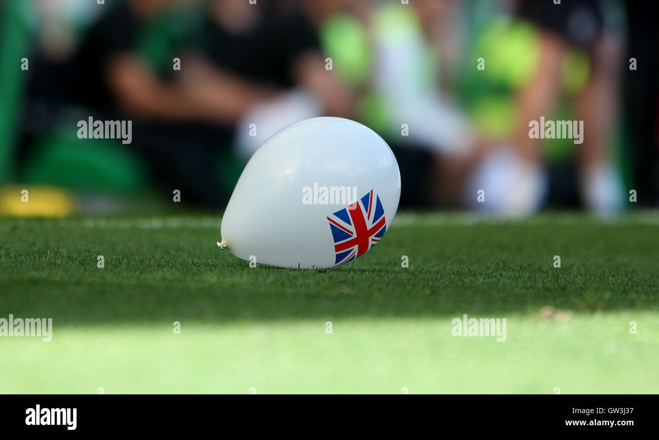 A balloon with a Union Flag on floats onto the pitch during the ...