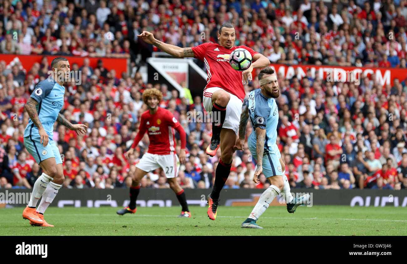 Manchester United's Zlatan Ibrahimovic (left) controls the ball in mid ...